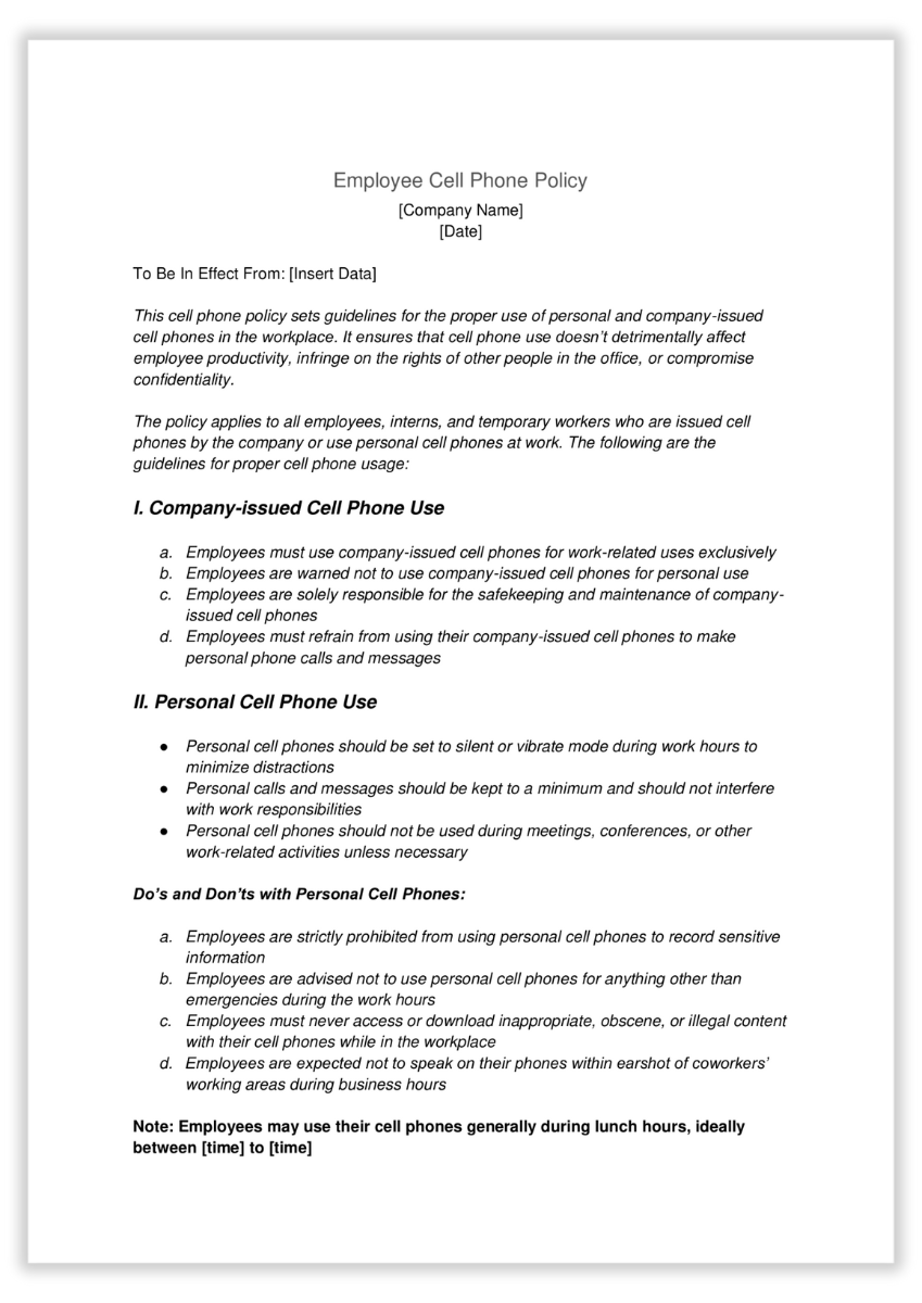 Employee Cell Phone Policy Template