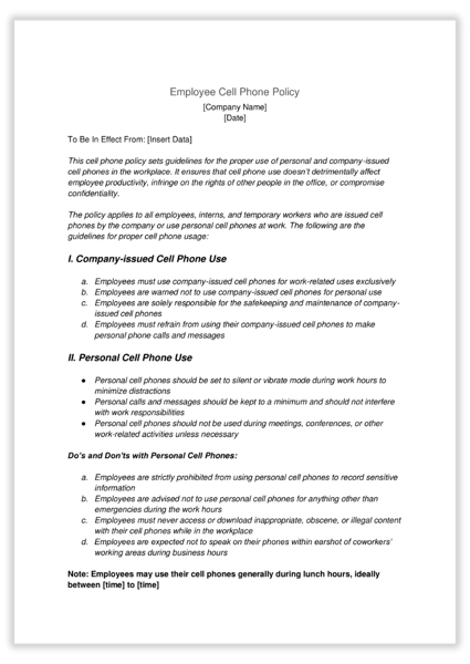 Employee Cell Phone Policy Template